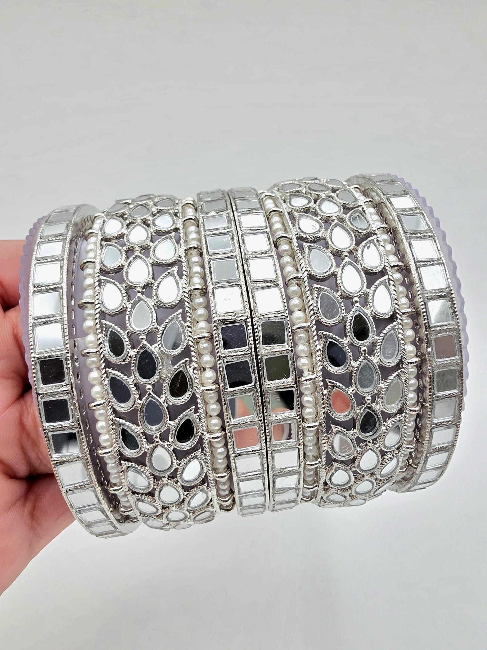 Bollywood Silver Mirror Pearl Bangles Set/punjabi Mirror Chuda Bangles ...
