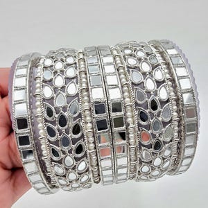 Bollywood Silver Mirror Pearl Bangles Set/punjabi Mirror Chuda Bangles Set/bridal Bangles ...