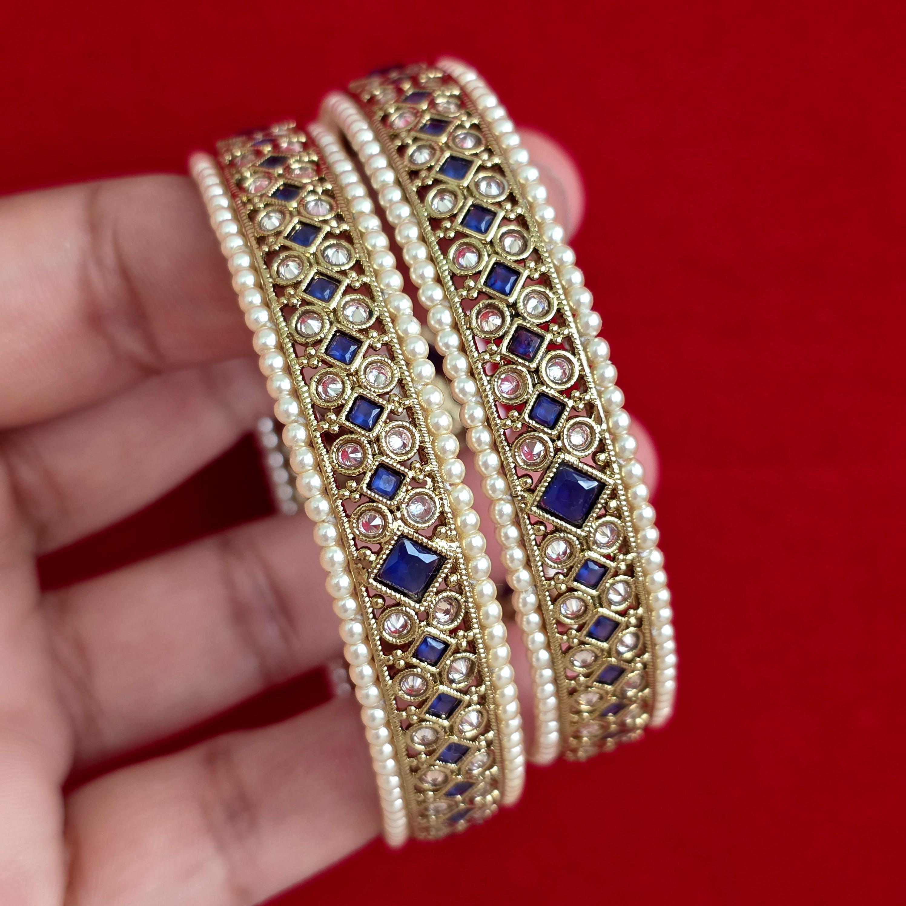Blue Antique Polki Kundan Bangles Set, Punjabi Pearl Bangles Set/bridal ...