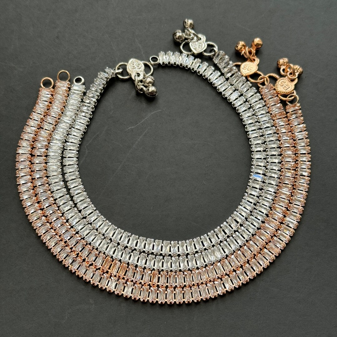 CZ Diamond Rose Gold Silver Anklet Pair, Payal, Jhanjran, Panjeb,indian ...