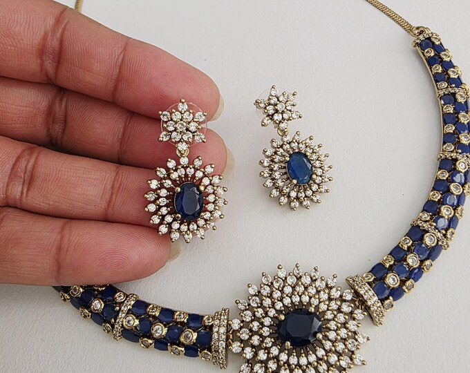 Blue Victorian CZ American Diamond Hasli Necklace/cz Pota Stones ...