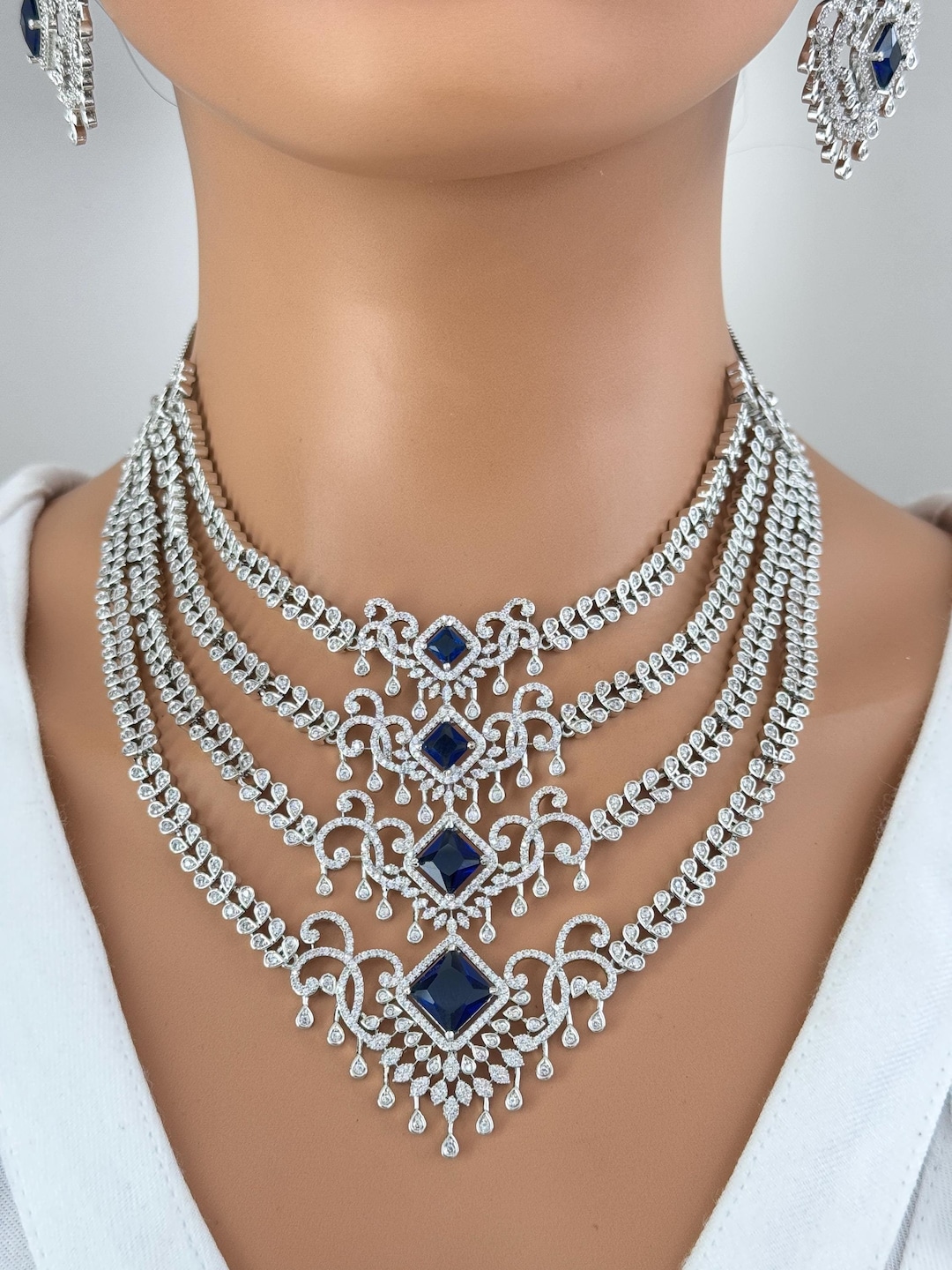 Blue American Diamond Necklace/american Diamond/cz Stones Necklace Set ...