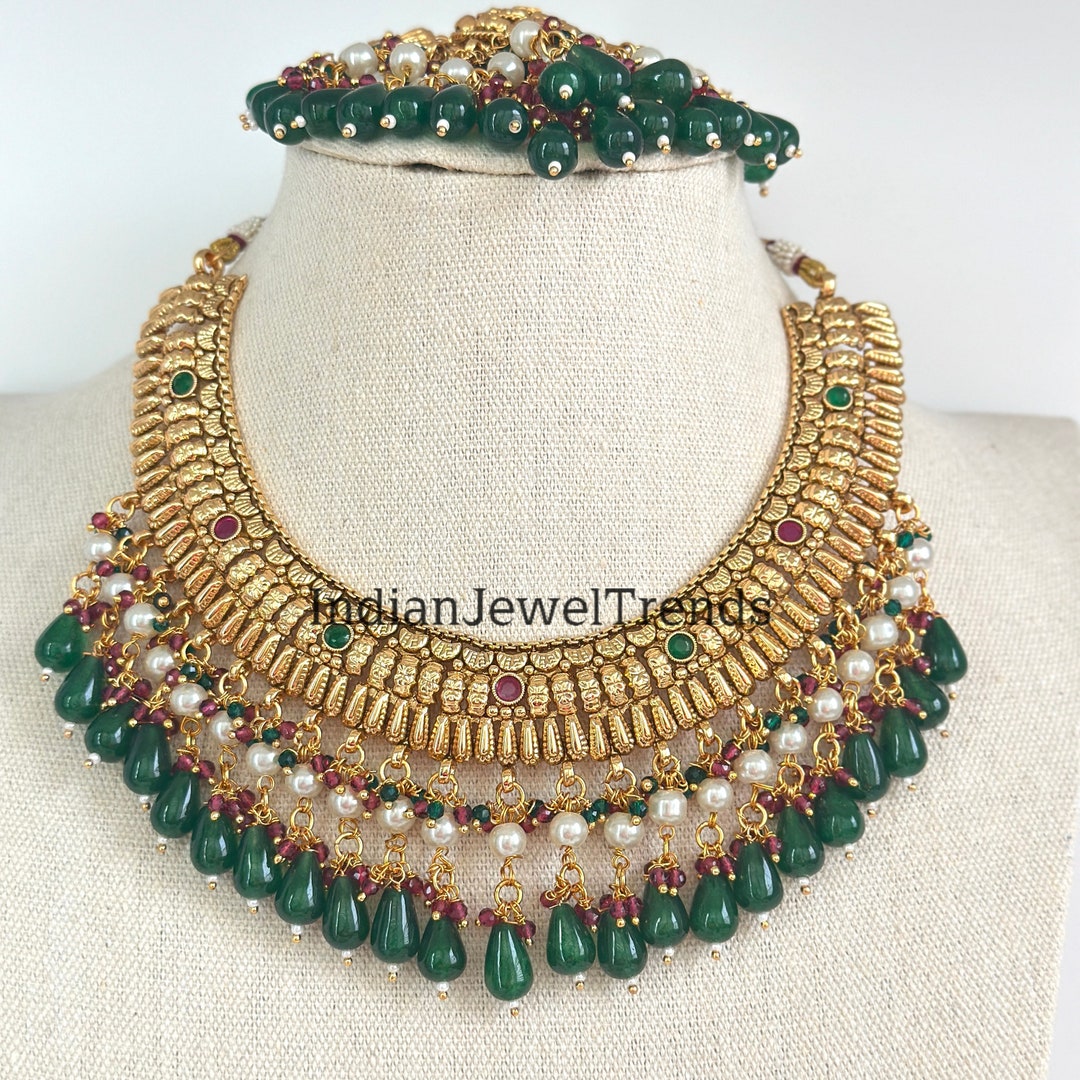 Green Antique Gold Necklace/punjabi Gold Jewelry/wedding Necklace ...