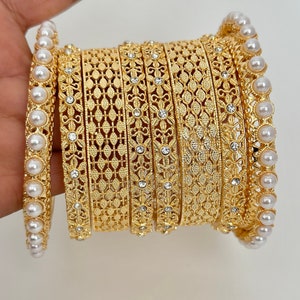 Gold Pearl Bangles Chooda Set 8 Pcs/pearl Bangles/indian Bangles/indian ...