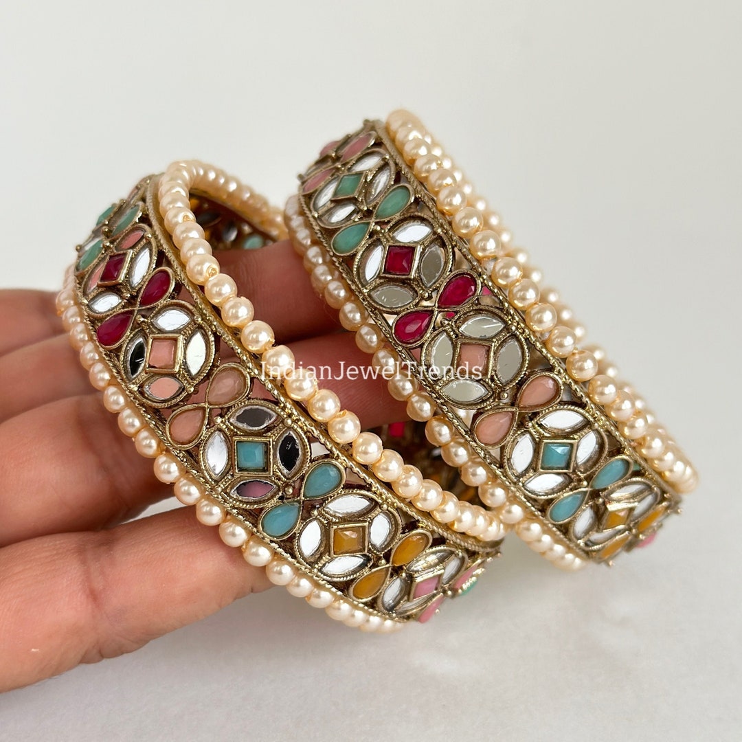 Navratan Mirror Pearl Bangles Set(2 Pc)/pearl Bangles/stones Bangles ...