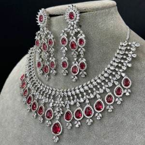 Ruby CZ Diamond Bridal Necklace, American Diamond Wedding Necklace, Cz ...