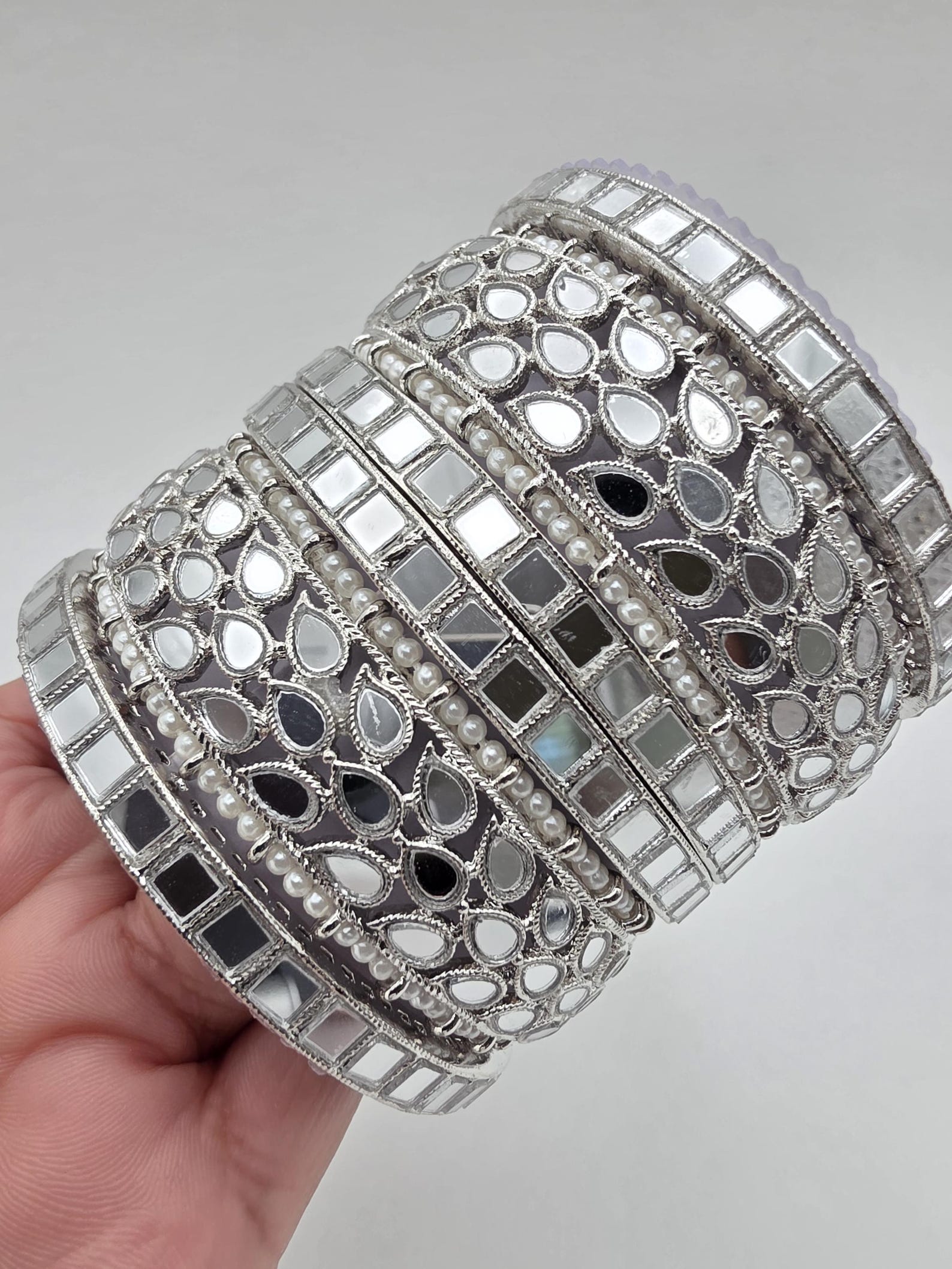 Bollywood Silver Mirror Pearl Bangles Set/punjabi Mirror Chuda Bangles Set/bridal Bangles ...