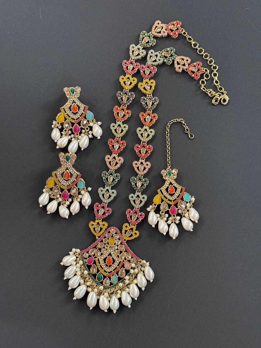 Navratan Long Antique Polki Necklace/indian Long Necklace/pakistani ...