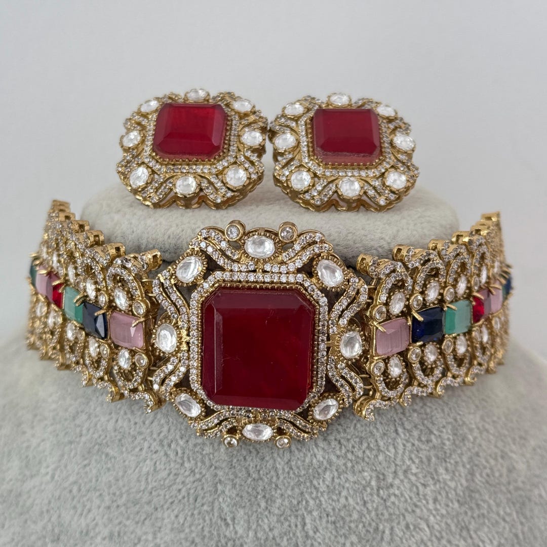 Multi Victorian Doublet Moissanite Polki Cz Diamond Choker Necklace ...