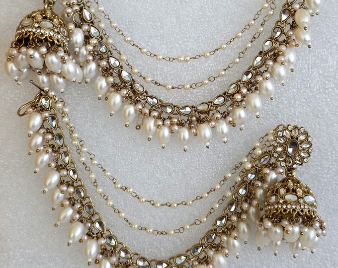 Gorgeous Bahubali Jhumkas - Mirror Work Pearls Ear Chain Attached With ...
