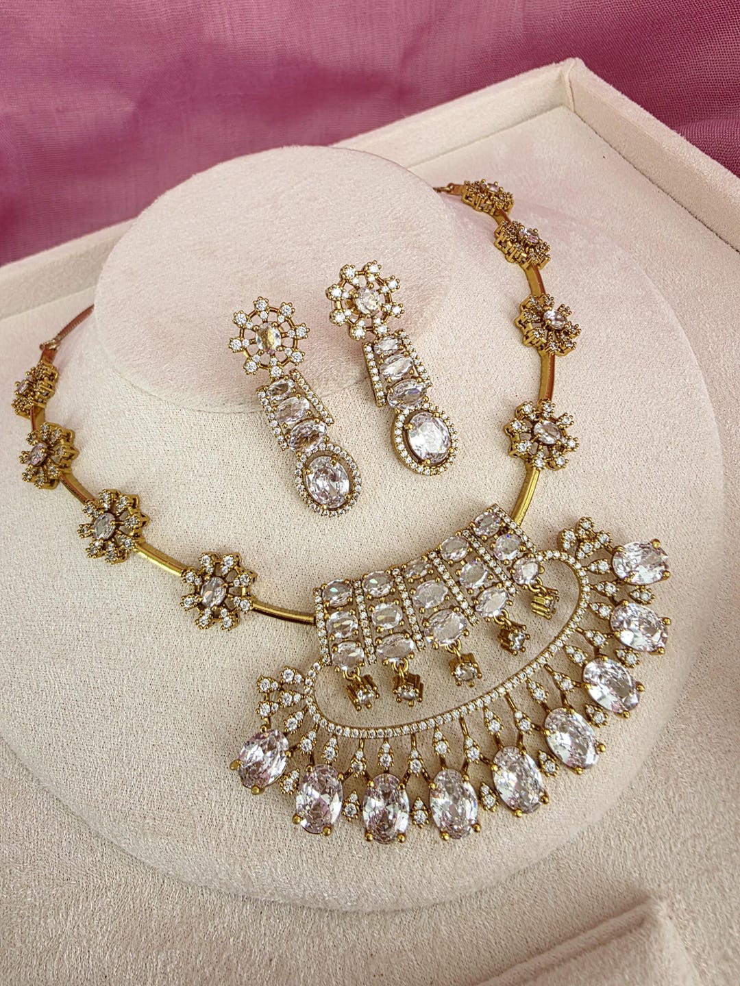 White Victorian CZ American Diamond Necklace/cz Pota Stones Necklace ...
