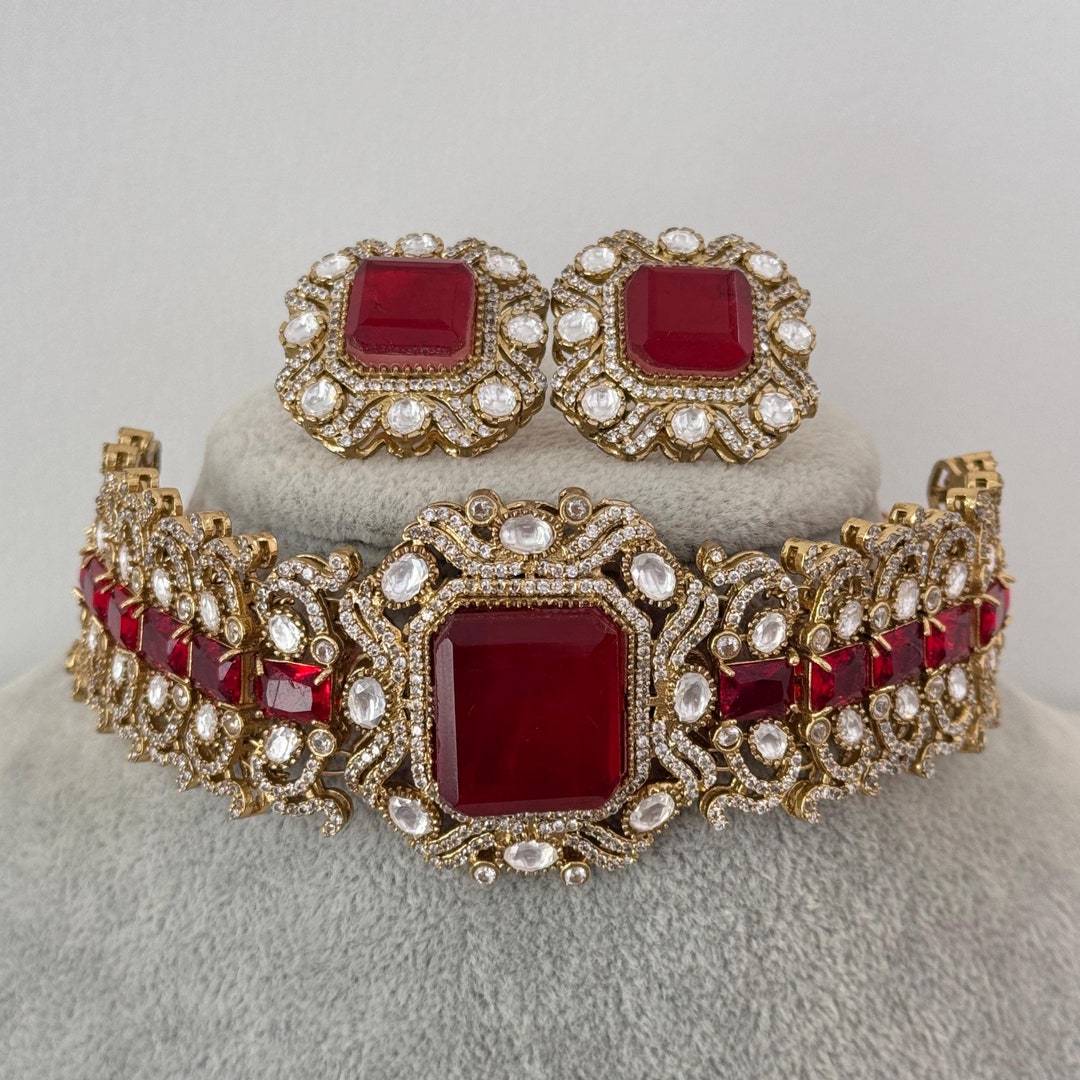 Ruby Victorian Doublet Moissanite Polki Cz Diamond Choker Necklace ...