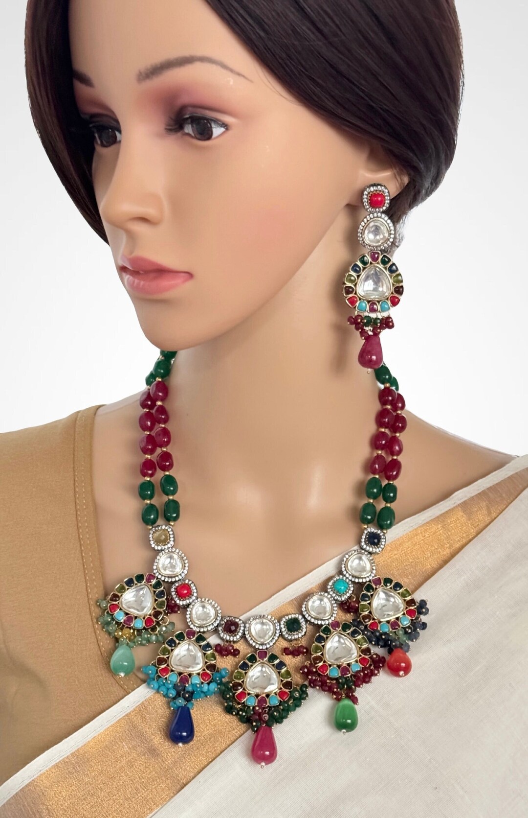 Navratan Uncut Polki Premium Quality Kundan Necklace/indian Long ...