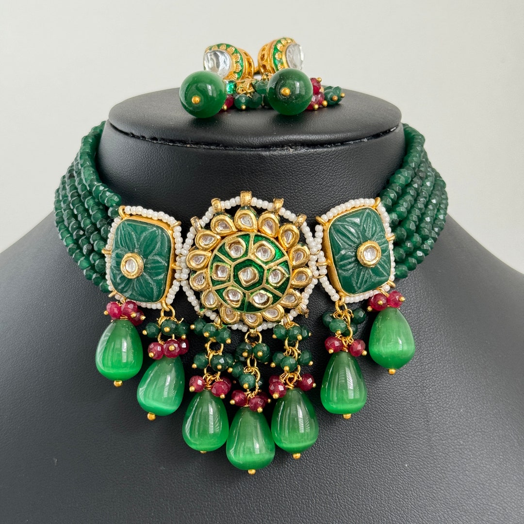 Green Rajwadi Jaipuri Kundan Meenakari Necklace, Indian Wedding Jewelry ...