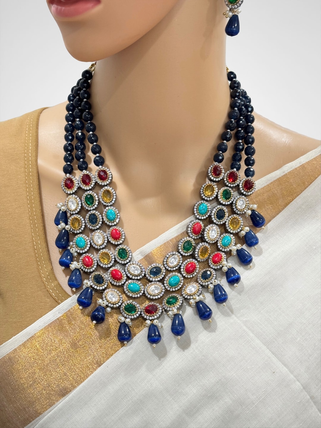 Sapphire Premium Quality Uncut Polki Kundan Navratan Necklace/indian ...