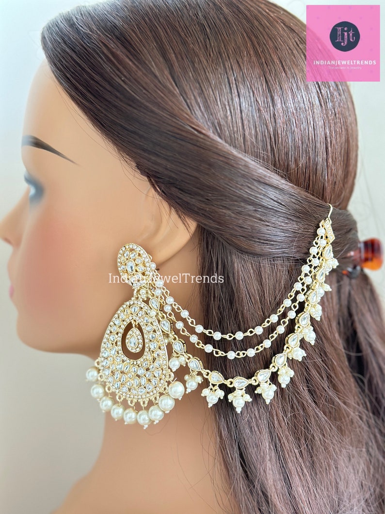 Gold Kundan Pearl Ear Chain/sahare/pearl Kaan Chain/earring Support ...