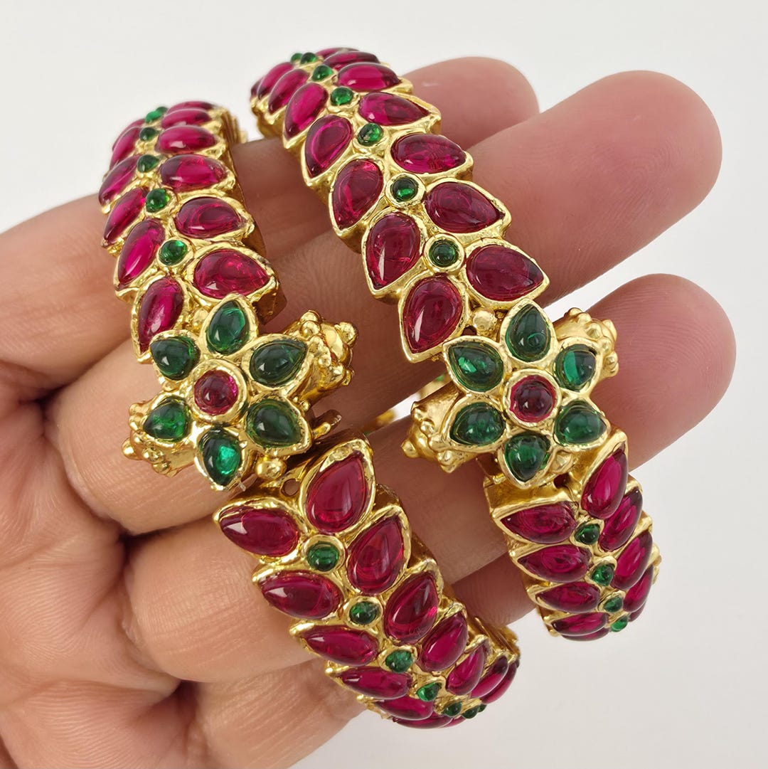 Set of 2 Ruby Emerald Gold Kemp Openable Bangles(2 Pc)/gold Bangles ...