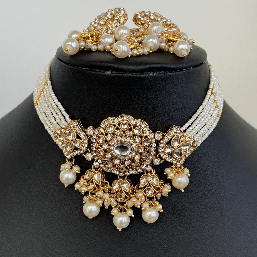 White Pearl Kundan Necklace Set/kundan Choker/ Bollywood Jewelry ...