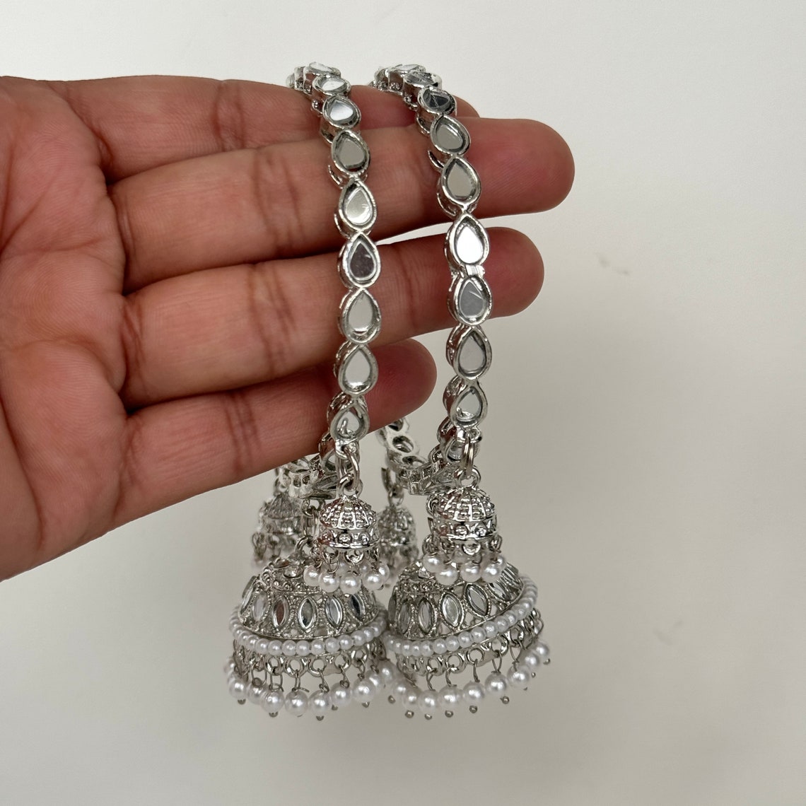 Bollywood Style Silver Mirror Pearl Bangles Set/punjabi Mirror Chuda ...