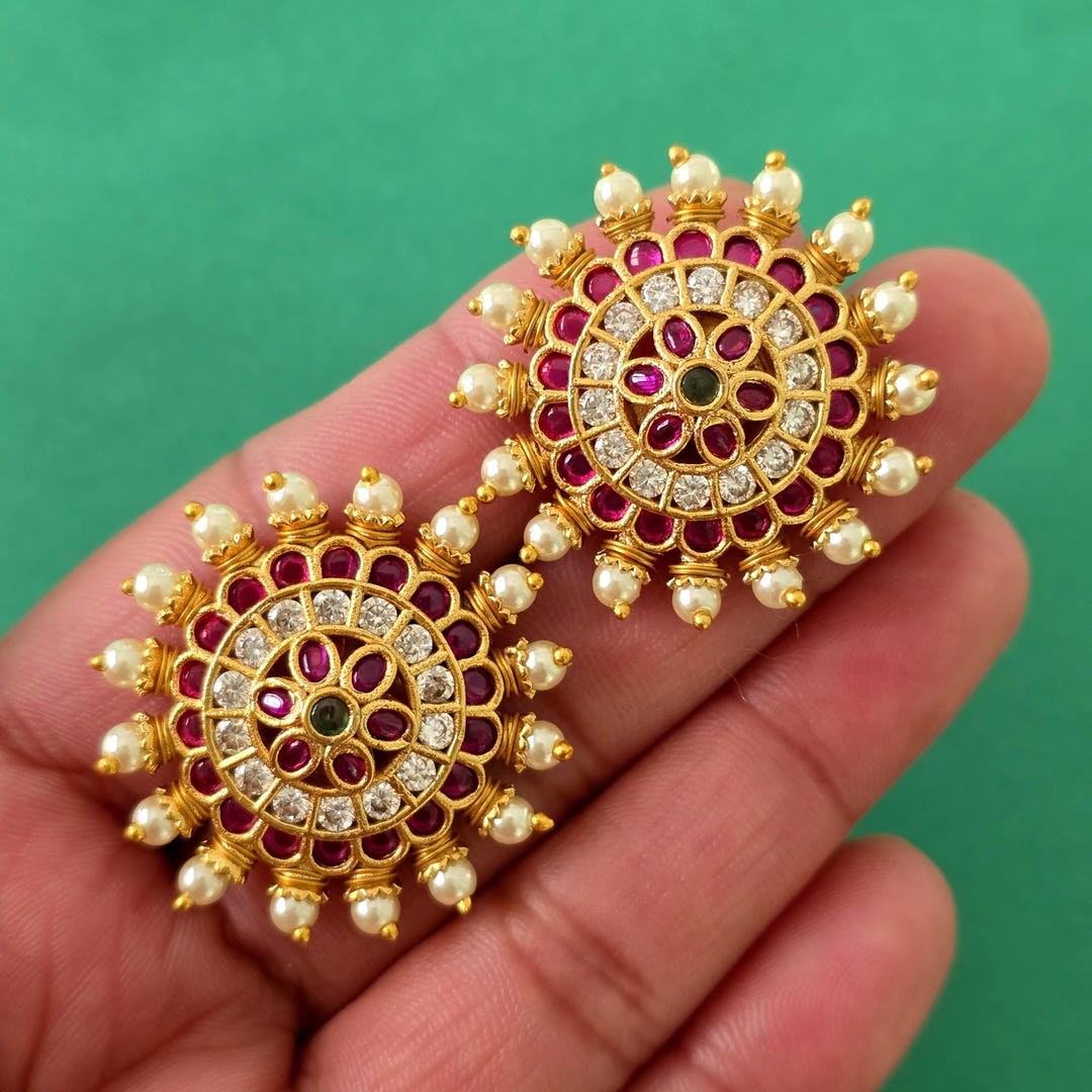 Large Rubygreen Jadau Traditional Studs/pearl Stud Earrings/indian ...