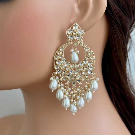 White Gold Pearl Kundan Chandbali Earrings White Chandbali Earrings Indian Pakistani Wedding Jewelry Bridesmaid Gift Etsy