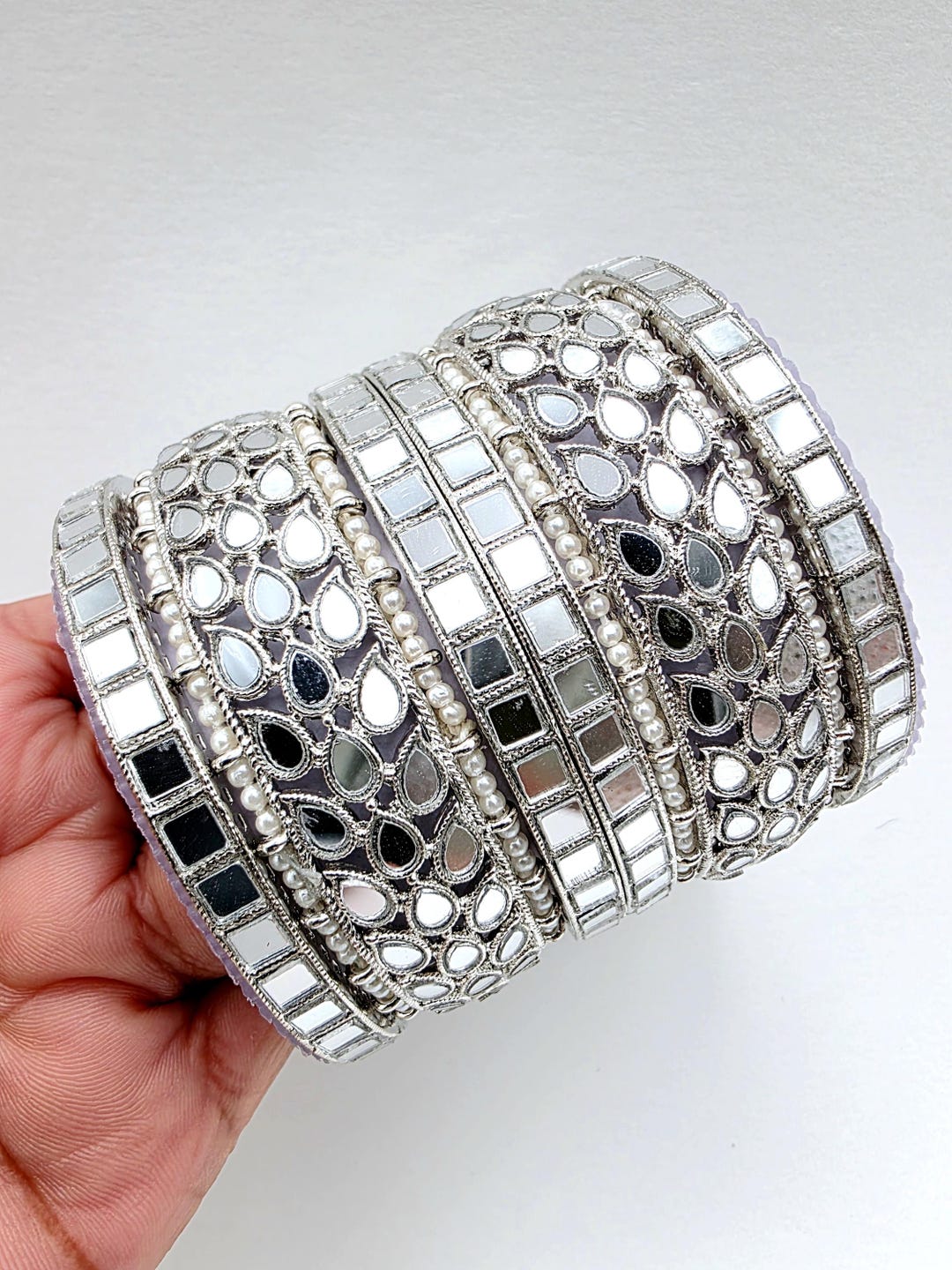 Bollywood Silver Mirror Pearl Bangles Set/punjabi Mirror Chuda Bangles Set/bridal Bangles ...