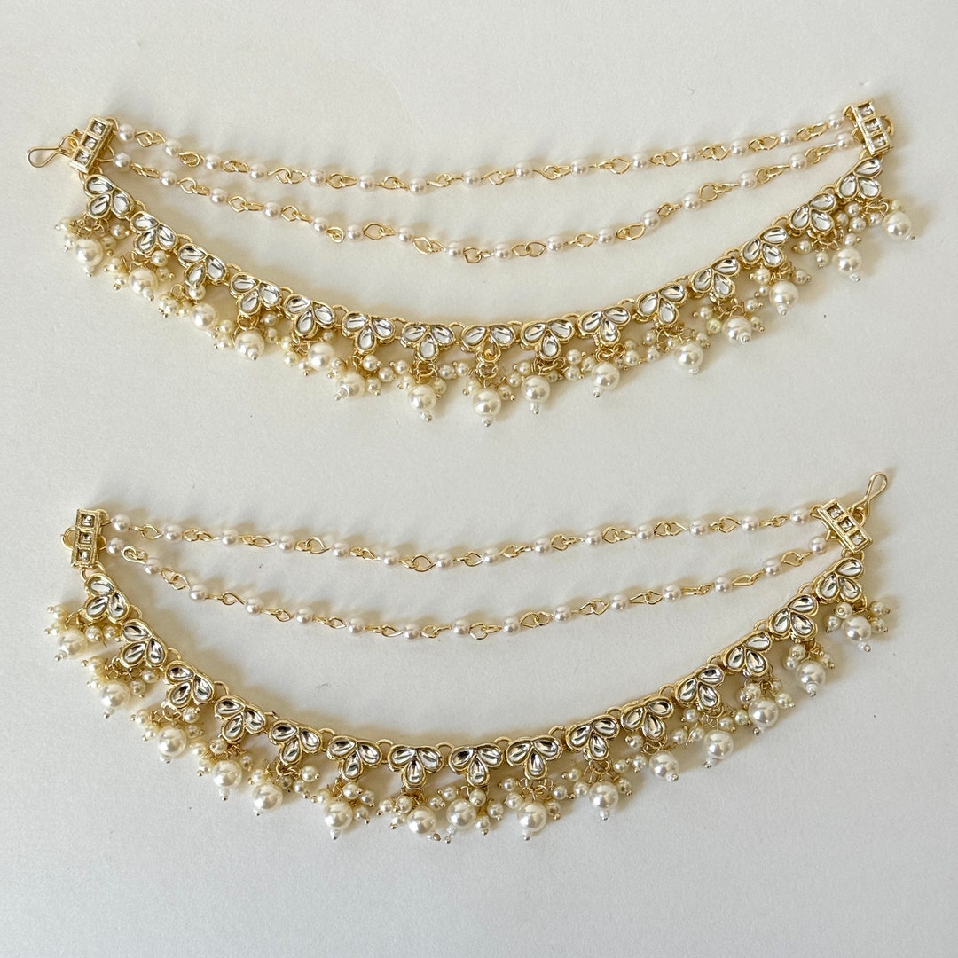 Gold Kundan Pearl Ear Chain/sahare/pearl Kaan Chain/earring Support ...
