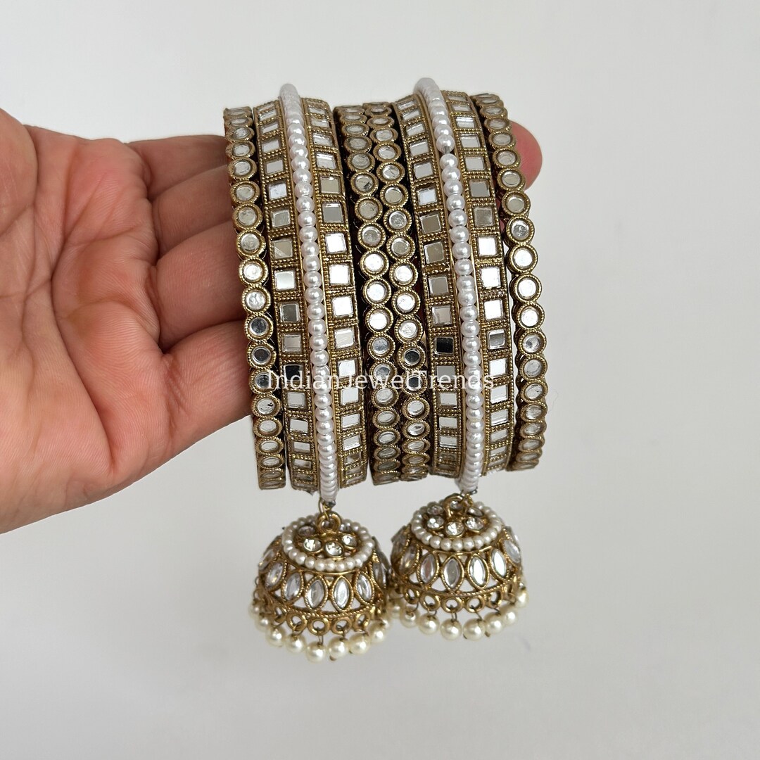 Bollywood Style Mirror Pearl Bangles Set/punjabi Mirror Chuda Bangles ...