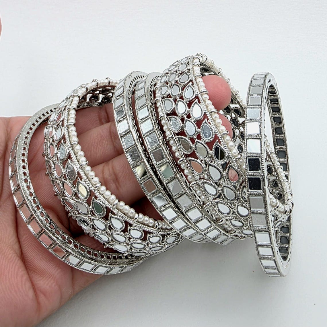 Bollywood Silver Mirror Pearl Bangles Set/punjabi Mirror Chuda Bangles Set/bridal Bangles ...