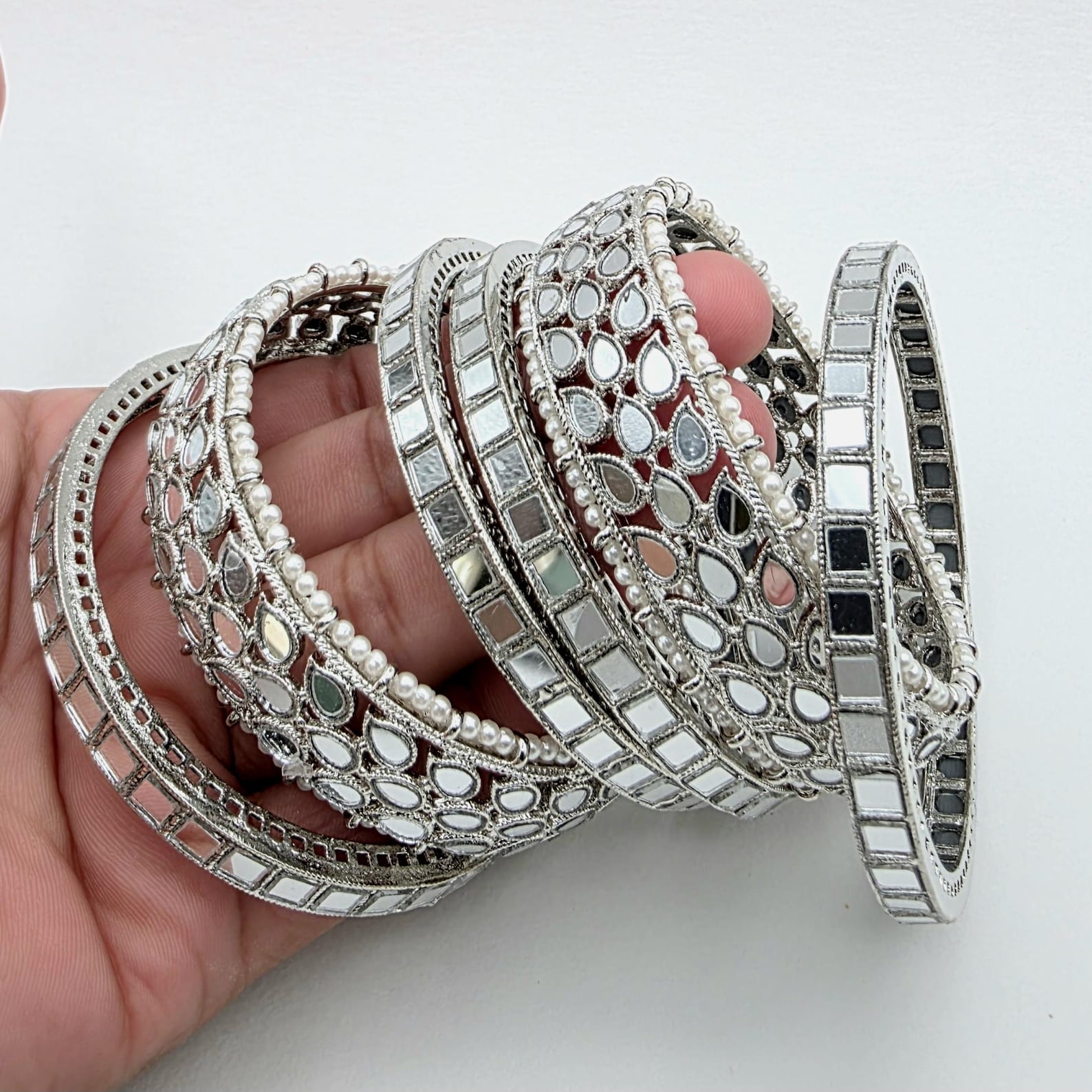 Bollywood Silver Mirror Pearl Bangles Set/punjabi Mirror Chuda Bangles ...