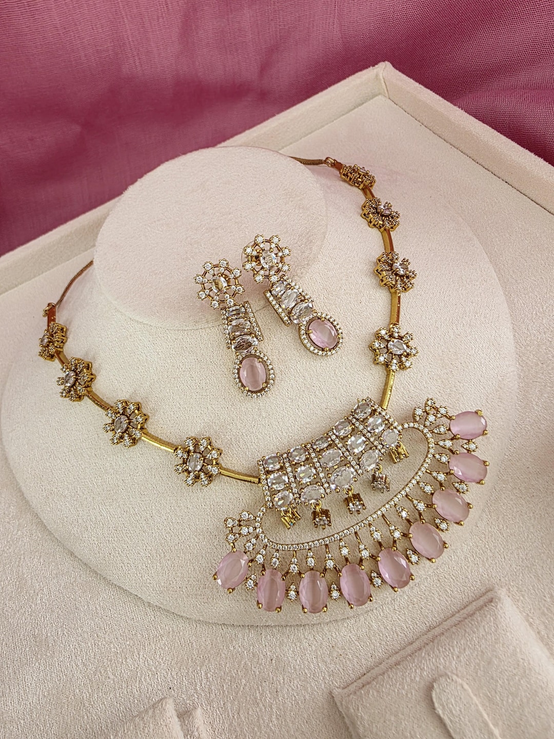 Pink Victorian CZ American Diamond Necklace/cz Pota Stones Necklace ...
