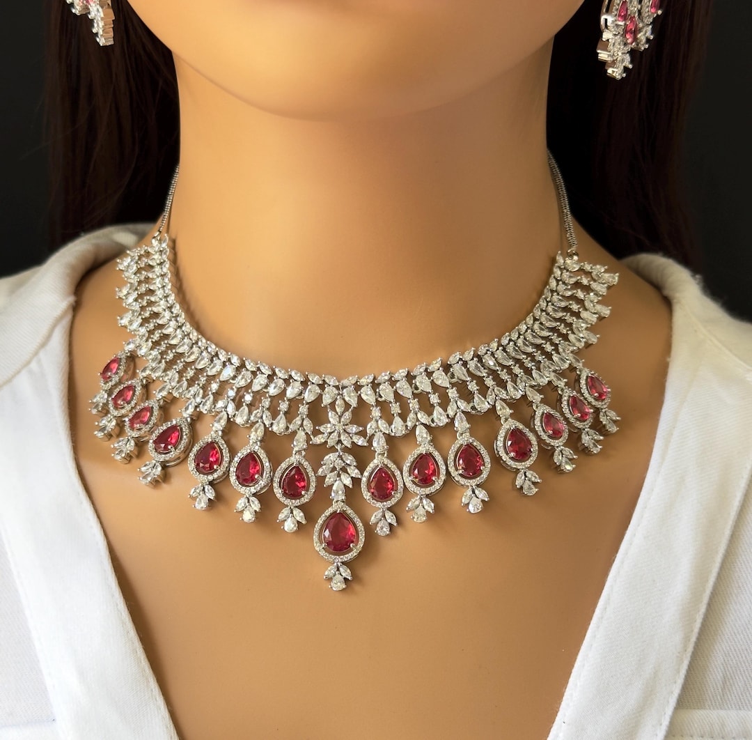 Ruby CZ Diamond Bridal Necklace, American Diamond Wedding Necklace, Cz ...