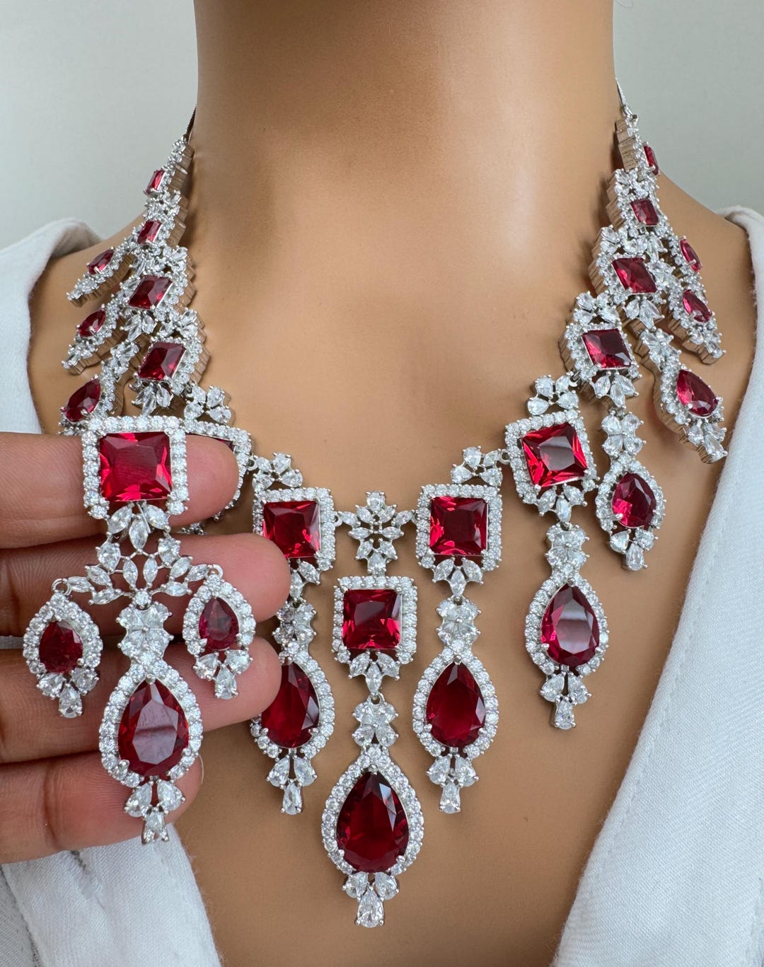 Ruby CZ Diamond Necklace, American Diamond Wedding Necklace, Cz Jewelry ...