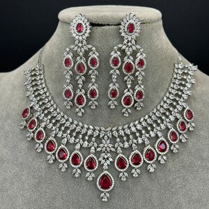 Ruby CZ Diamond Bridal Necklace, American Diamond Wedding Necklace, Cz ...