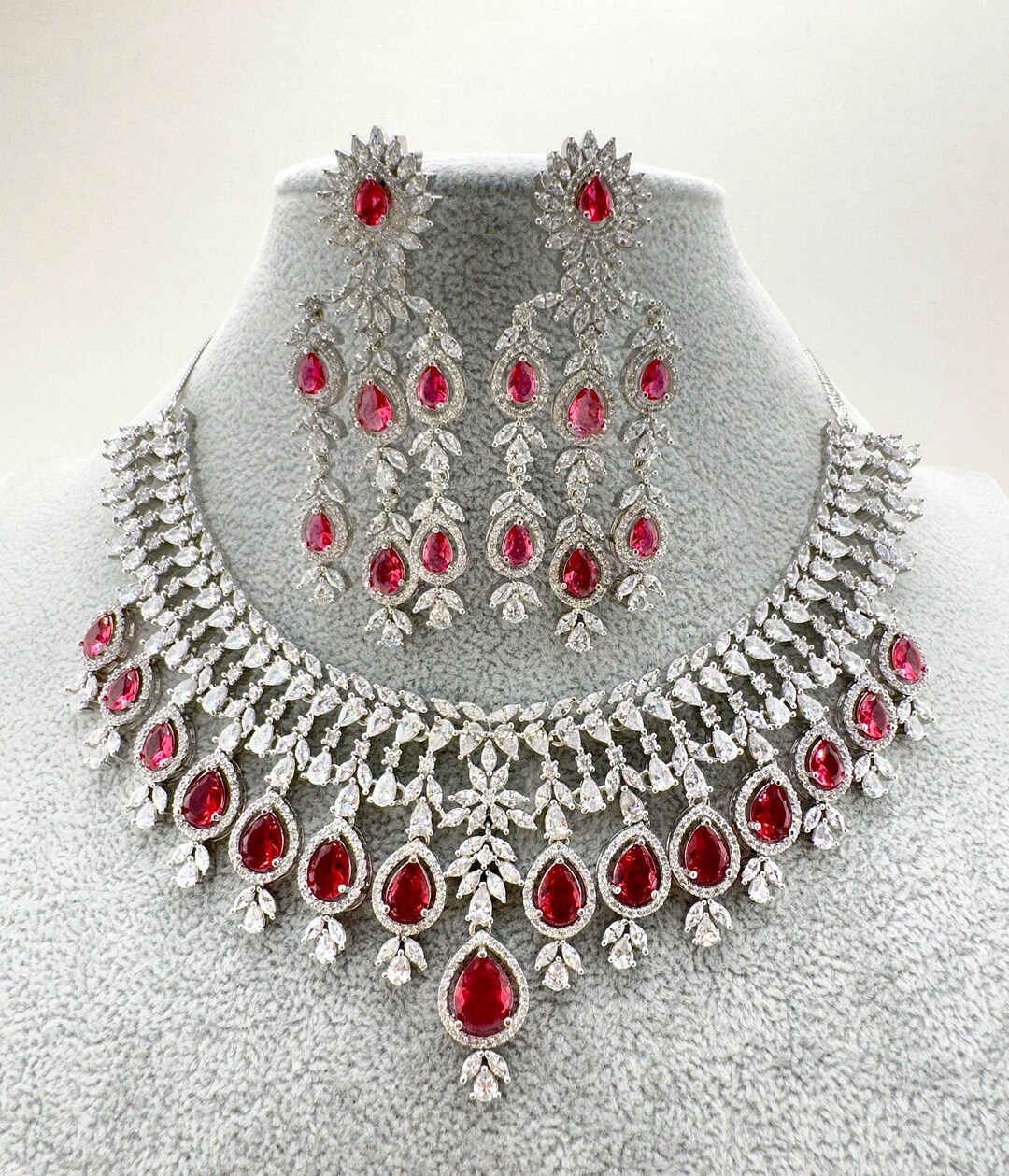 Ruby CZ Diamond Bridal Necklace, American Diamond Wedding Necklace, Cz ...