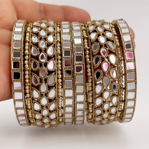 Restocked Bollywood Style Mirror Pearl Bangles 6pcs/punjabi Mirror Chuda Bangles Set/bridal ...