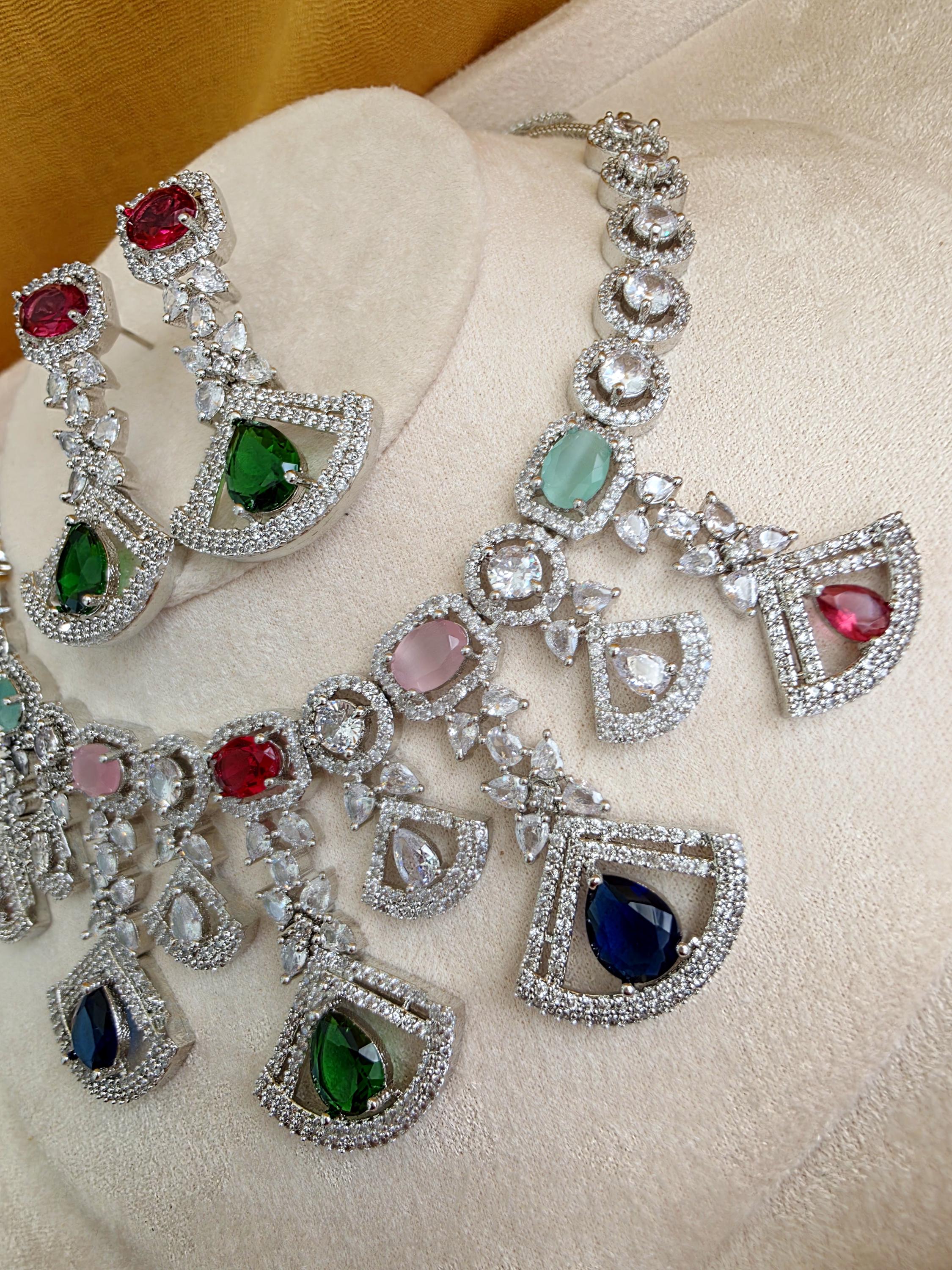 Multi Silver American Diamond Necklace/cz Necklace Set/elegant/unique ...