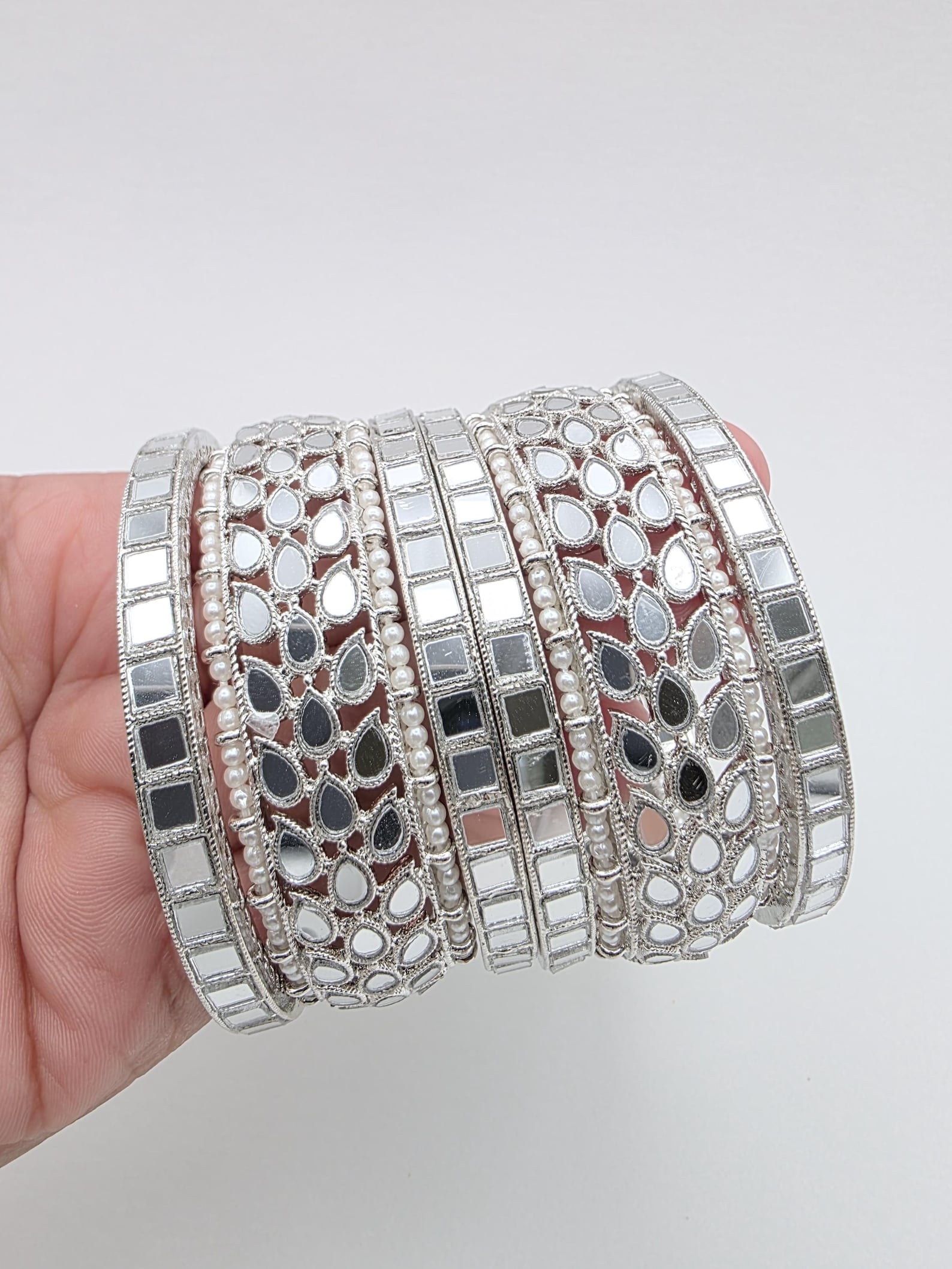 Bollywood Silver Mirror Pearl Bangles Set/punjabi Mirror Chuda Bangles Set/bridal Bangles ...
