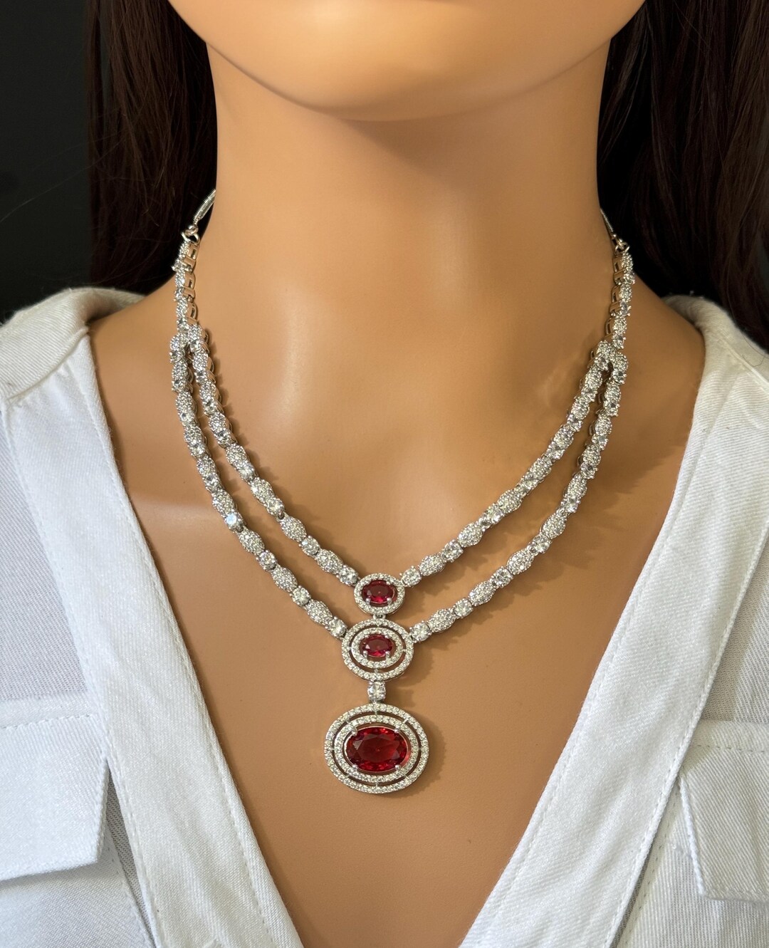 Ruby CZ Diamond Necklace, American Diamond Wedding Necklace, Cz Jewelry ...