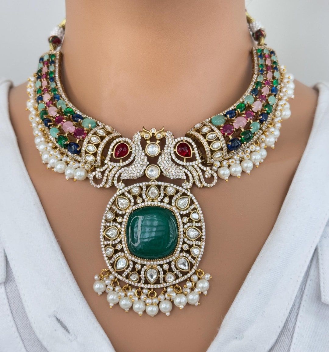 Raveena Tandon Inspired Navratan Premium Moissanite Polki Doublet ...