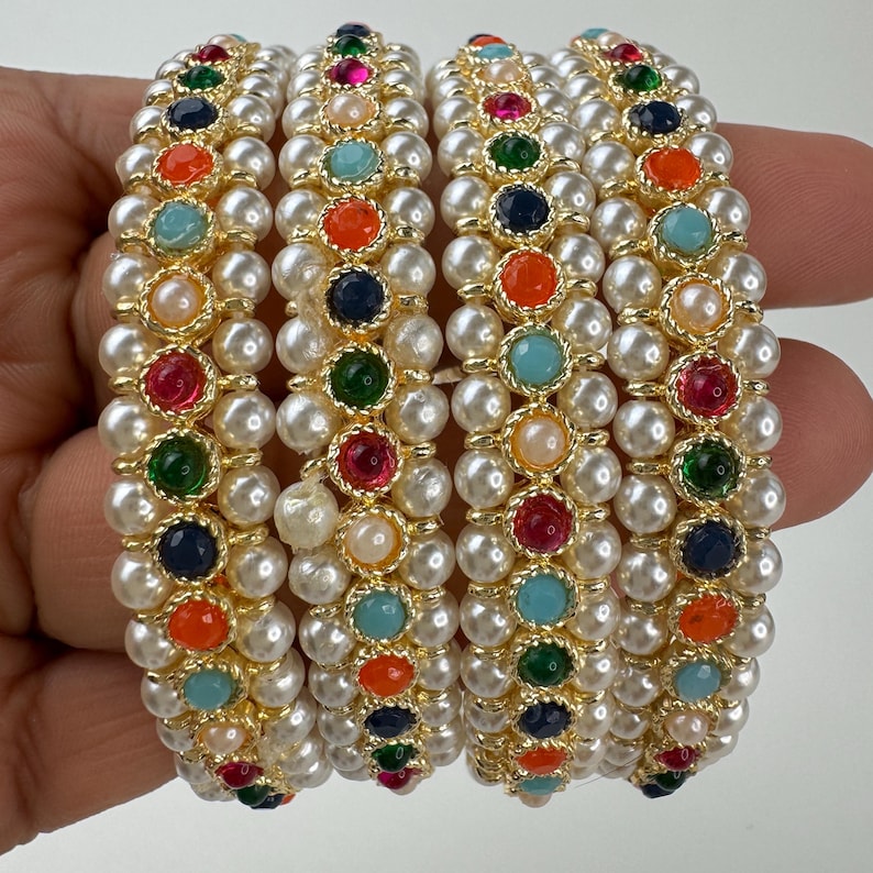 Navratan Pearl Bangles Set(4 Pc)/pearl Bangles/stones Bangles/indian ...