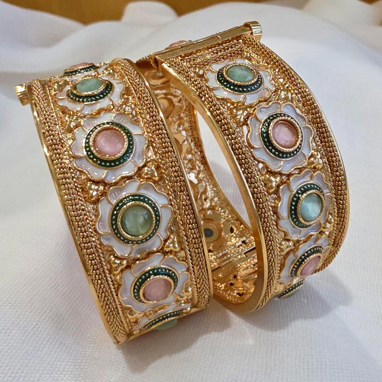 Classic Mint Pink Gold Plated Openable Bangles Pair\statement Kadas ...