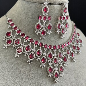 Ruby CZ Diamond Bridal Necklace, American Diamond Wedding Necklace, Cz ...