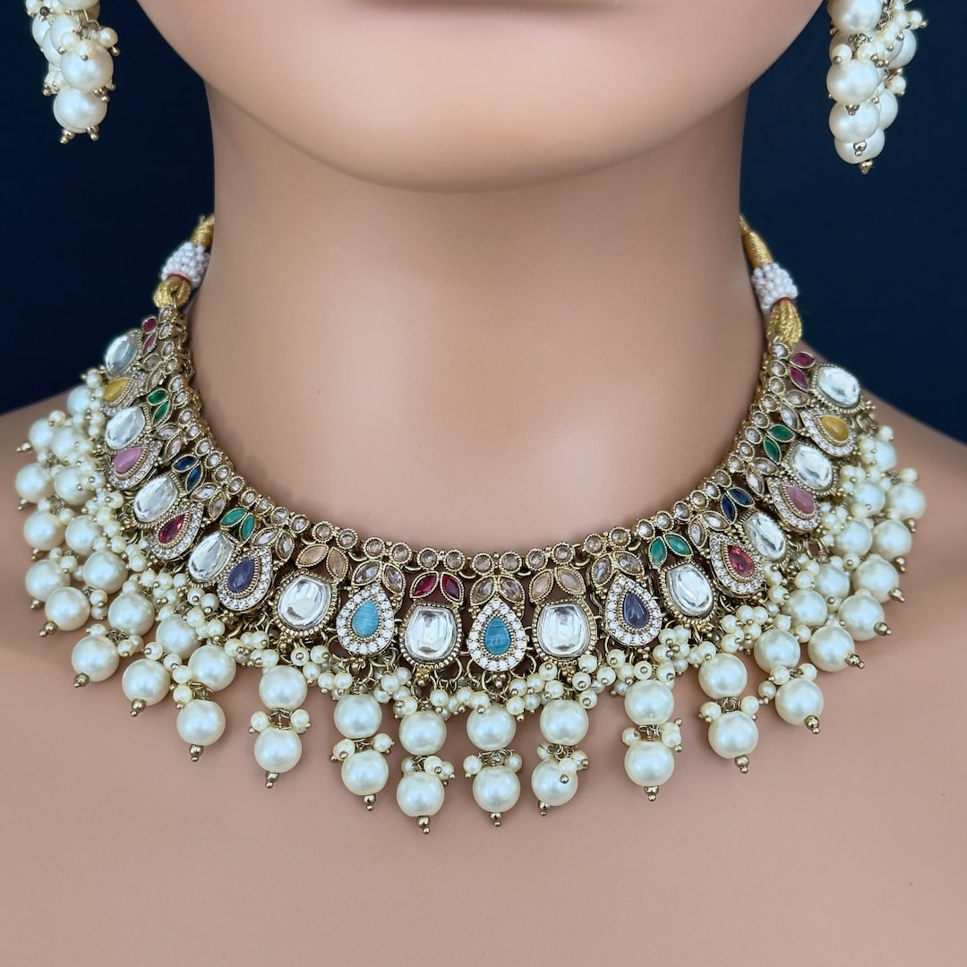 Navratan Antique Polki Kundan Pearl Necklace With Earrings and Tikka ...