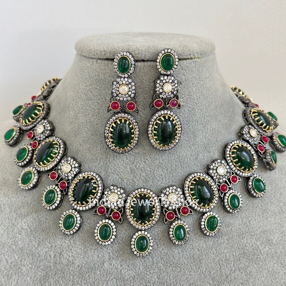 Emerald Green Sabyasachi Inspired Victorian necklace,… - Gem Emerald Green Sabyasachi Inspired Victorian necklace,… - Gem