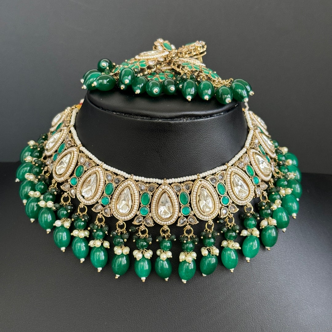 Emerald Green Kundan Necklace Set, Kundan Choker, Bollywood Jewelry ...
