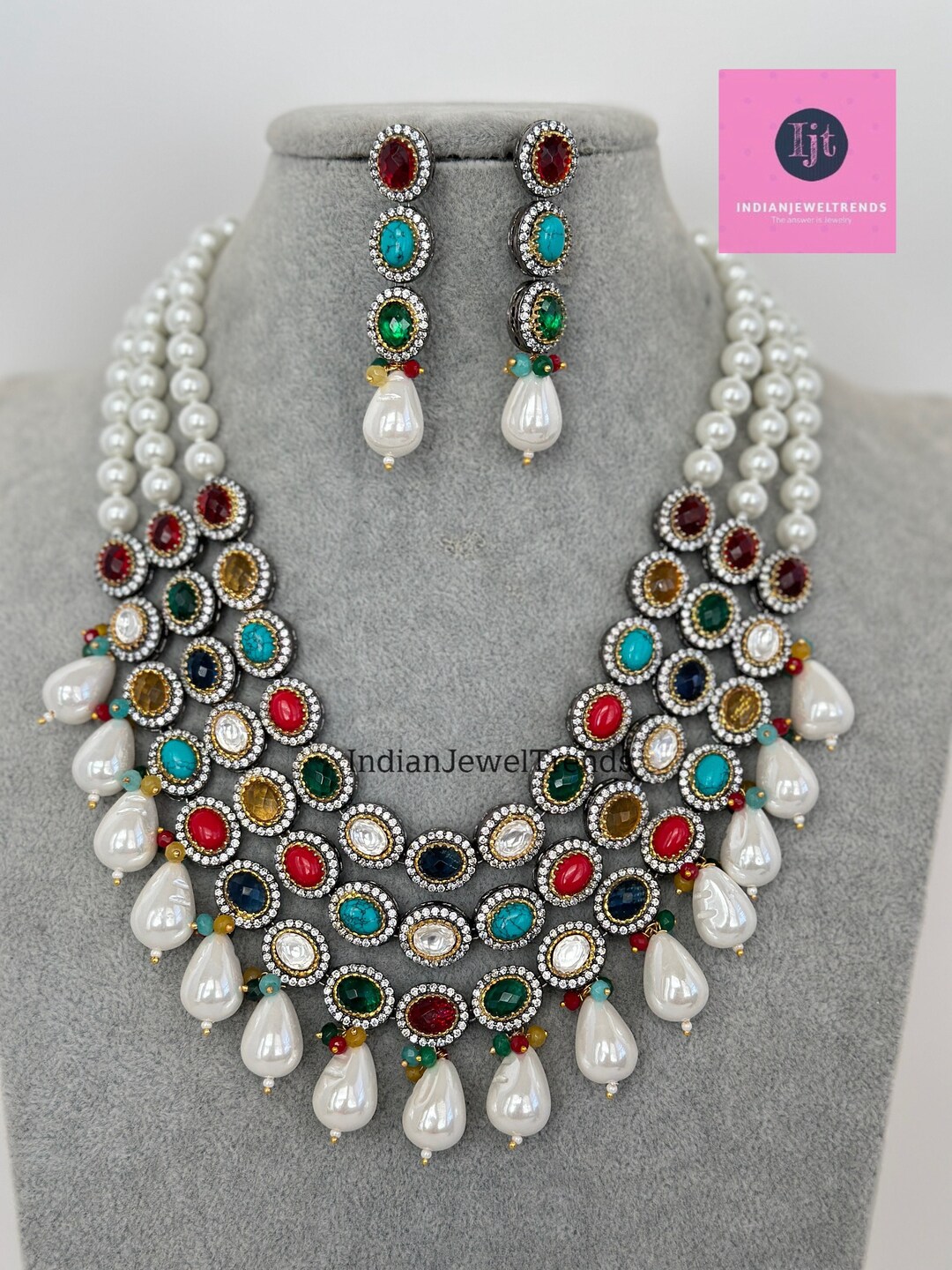 Premium Quality Uncut Polki Kundan Navratan Necklace/indian Long ...