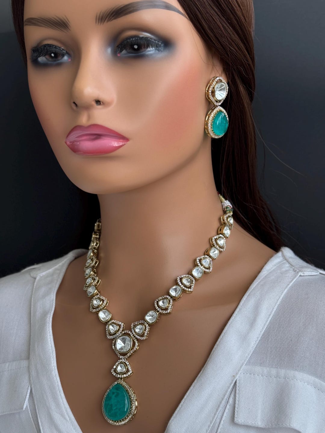 Mint Green Doublet Victorian Uncut Polki CZ Diamond Necklace, Semi ...