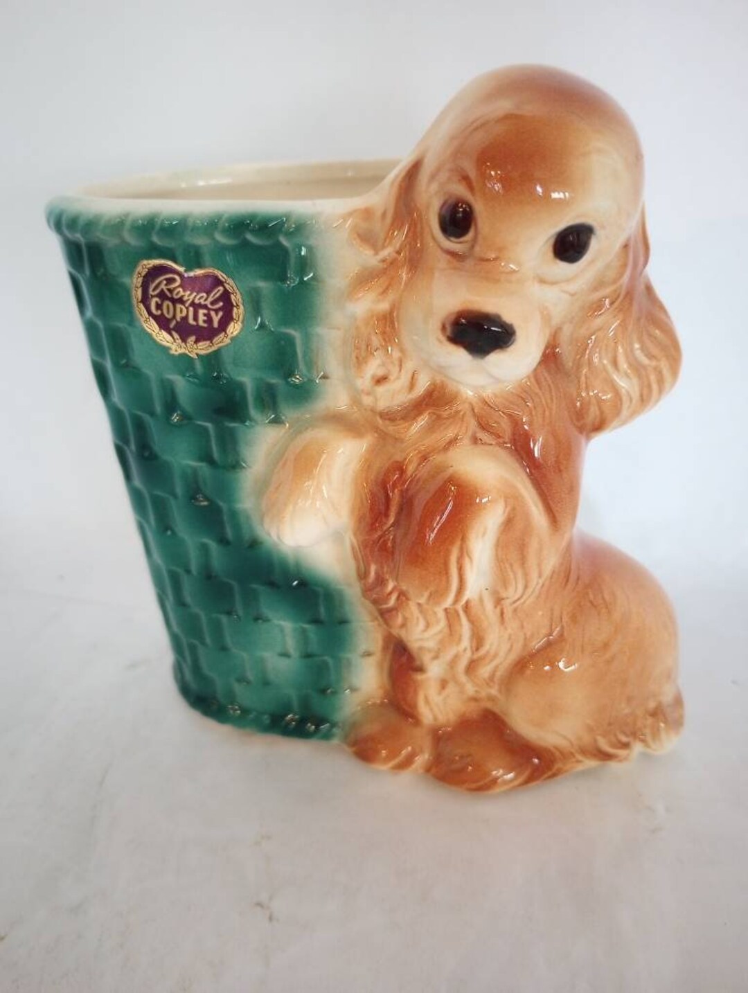 Cocker Spaniel Vintage Planter Vase With Green Wicker Basket by Royal ...