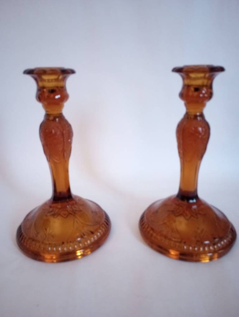 Vintage Amber Tiara Indiana Glass Candlestick Holders Set of Two 2 - Etsy